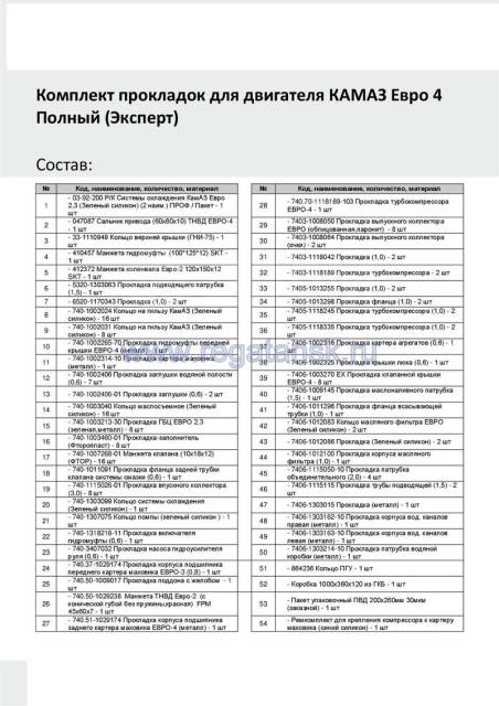 Купить Набор прокладок двигателя Камаз, Евро 4, полный, зеленый силикон ...